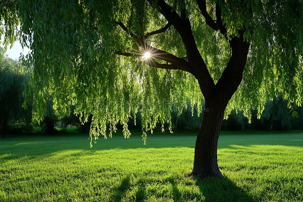 A Sad Willow Tree in the Early Morning Light, with the First Rays of ...