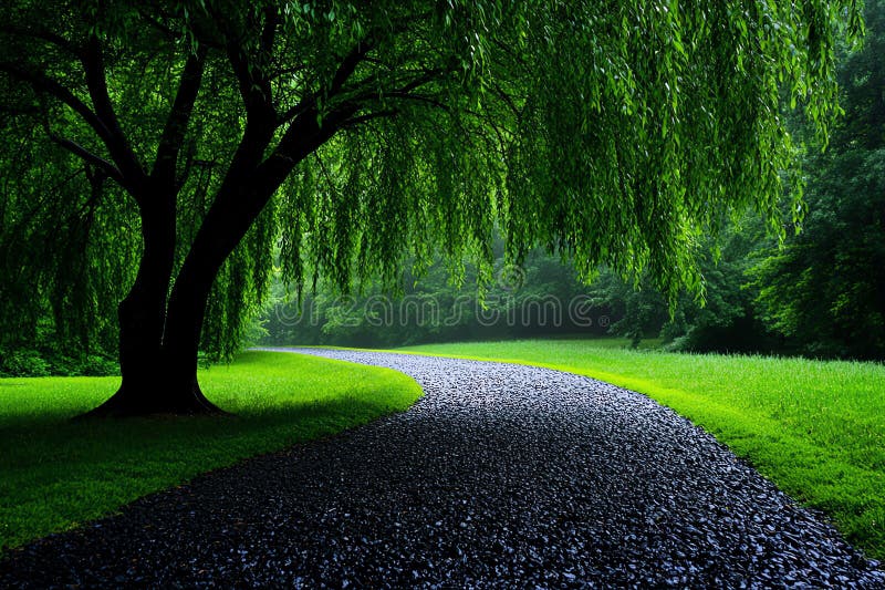 A Sad Willow Tree on the Edge of a Foggy Forest, with Its Branches ...