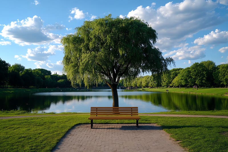 A Sad Willow Tree in a Peaceful Park at Dusk, with a Solitary Bench ...