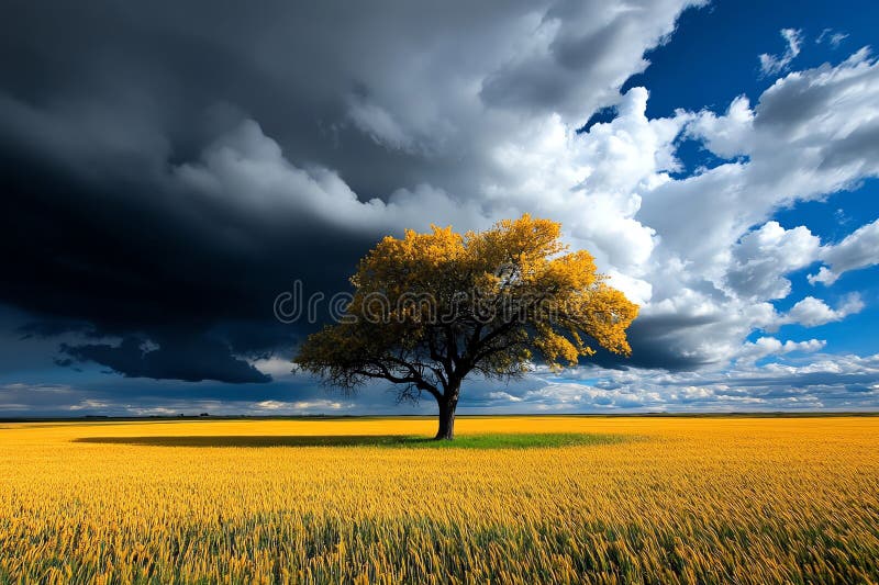 A Sad Willow Tree Standing Alone in a Vast Field, with the Wind Gently ...