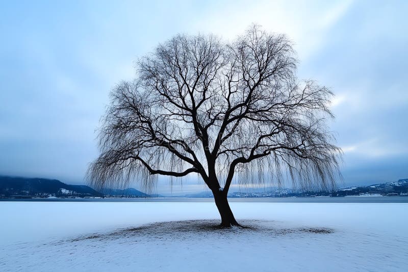 A Sad Willow Tree in Winter, Its Bare Branches Silhouetted Against a ...