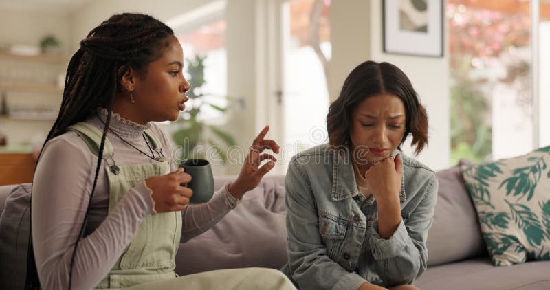 Sad Woman, Advice and Friends on Sofa with Conversation, Support and ...