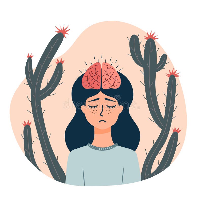 Sad Woman with a Brain Restriction or Dysfunction. Cacti with Thorns ...
