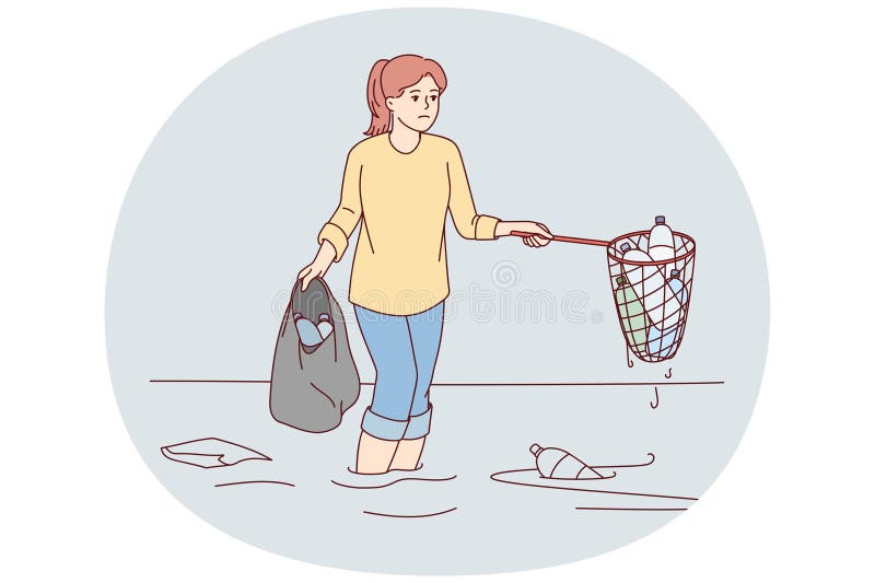 Sad Woman Cleans Ocean of Plastic Garbage by Pulling Out Bottles Using ...