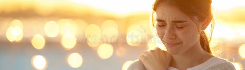 Sad Woman Crying at Sunset with Bokeh Stock Illustration - Illustration ...