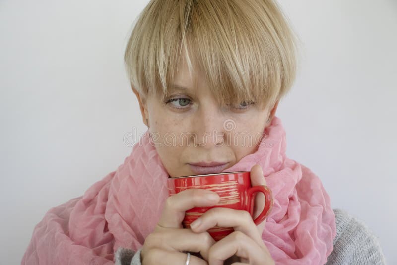 Sad Woman with a Cup on a Light Background Problem Stock Photo - Image ...