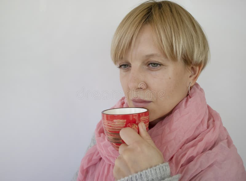 Sad Woman with a Cup on a Light Background Problem Stock Photo - Image ...