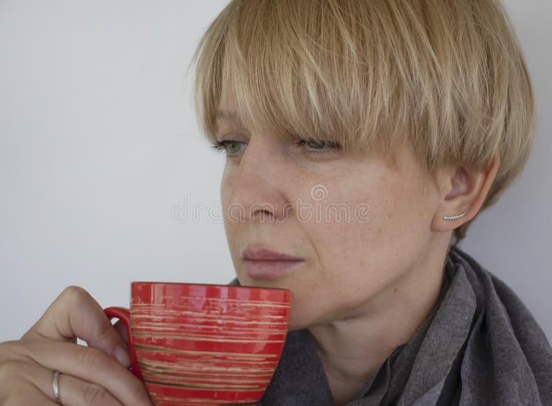 Sad Woman with a Cup on a Light Background Problem Stock Photo - Image ...