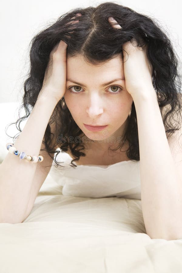 Brunette Curl Woman Lying on Bed Stock Image - Image of bedroom, rest ...
