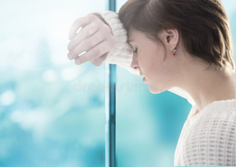 Sad Woman Grief Leaning Against a Window Stock Image - Image of ...