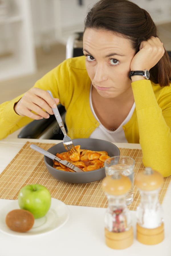 Sad Woman Having Lunch at Home Stock Image - Image of blouse ...