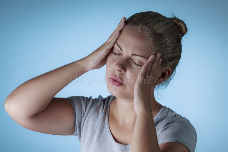 Sad Woman Holding Her Head with Headache Stock Image - Image of white ...
