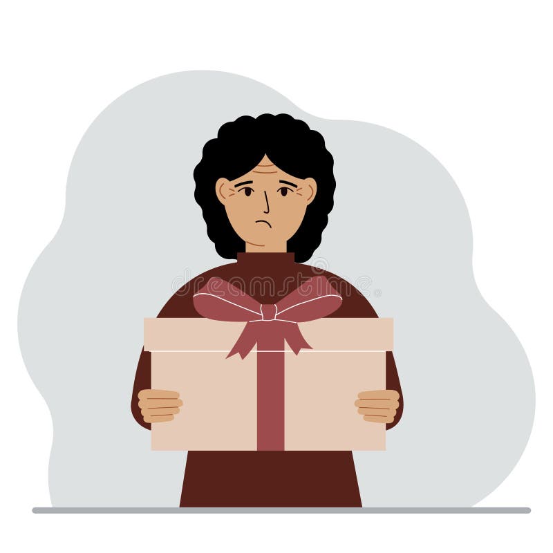 A Sad Woman Holds a Large Gift Box with a Bow in His Hands. Vector ...