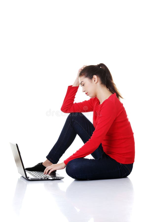 Sad Woman Looking on Laptop Screen. Stock Image - Image of girl ...
