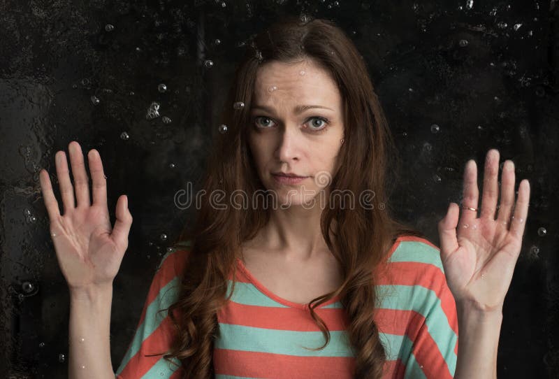 Sad Woman Looking through the Wet Window Stock Photo - Image of face ...