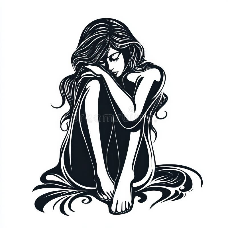 Sad Woman Silhouette , Black and White Illustration Isolated on White ...