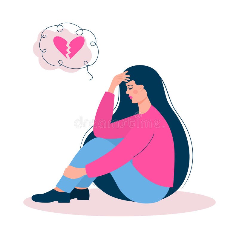 Sad Woman Sitting with a Broken Heart in Her Thoughts. Stock Vector ...