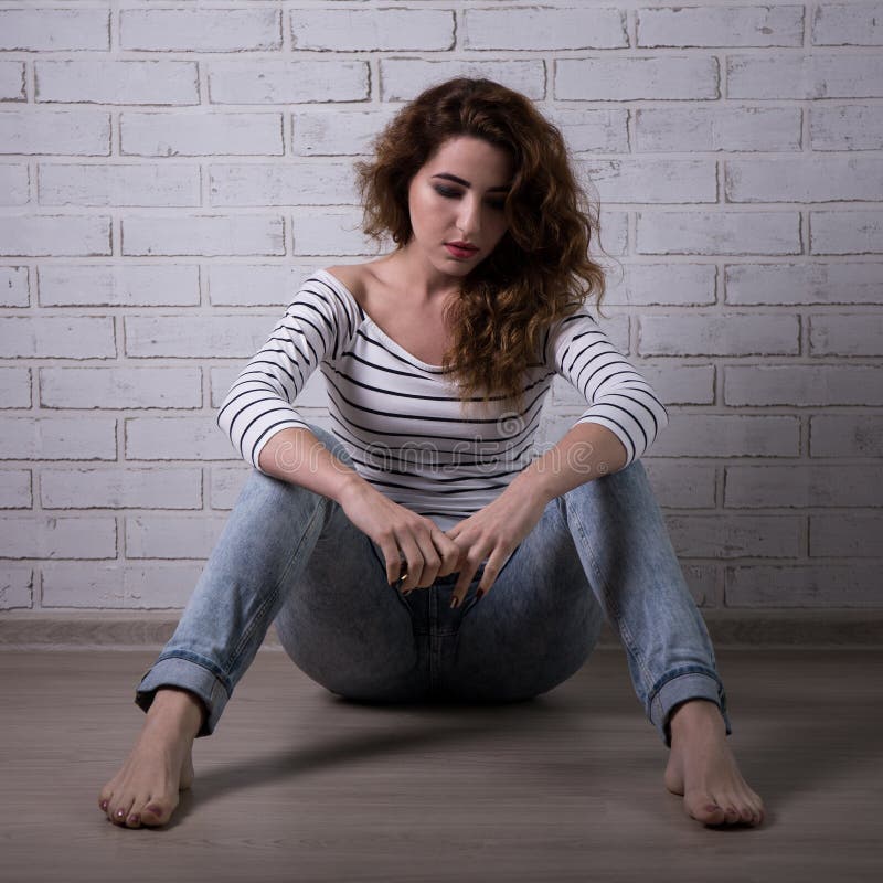Sad Woman Sitting on the Floor Stock Photo - Image of floor, depression ...