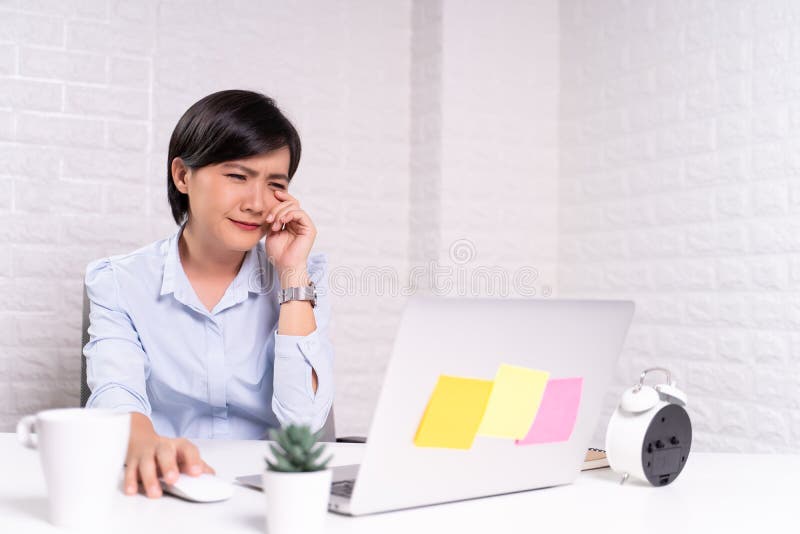 Sad Woman Sitting at Home Office Working Using Computer Laptop Stock ...