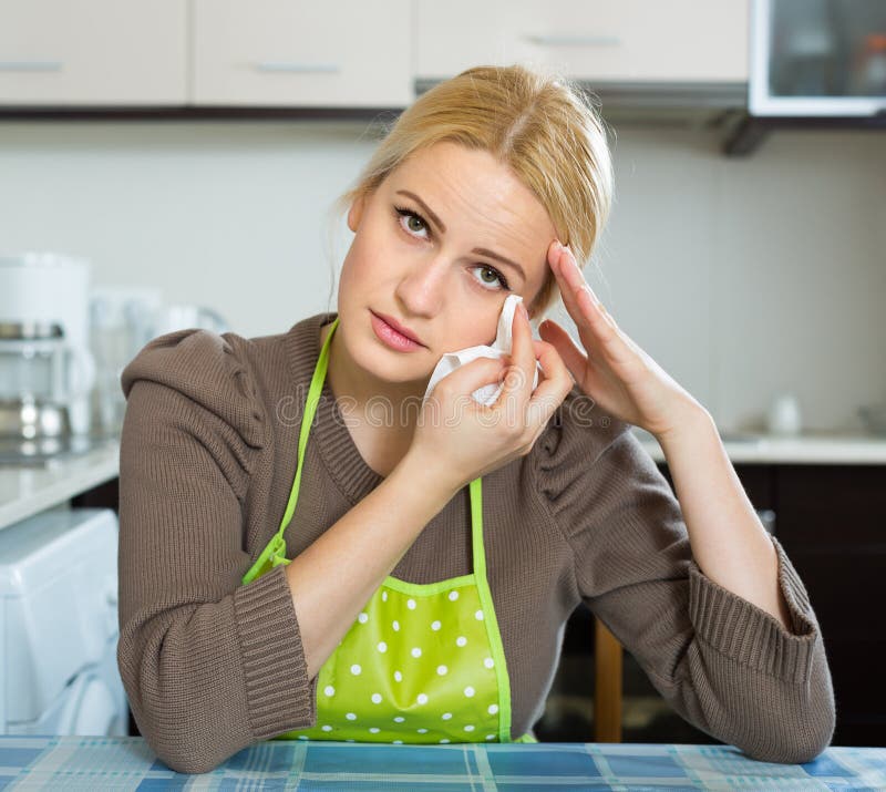 Sad Woman Sitting at Kitchen Stock Photo - Image of depression, stress ...