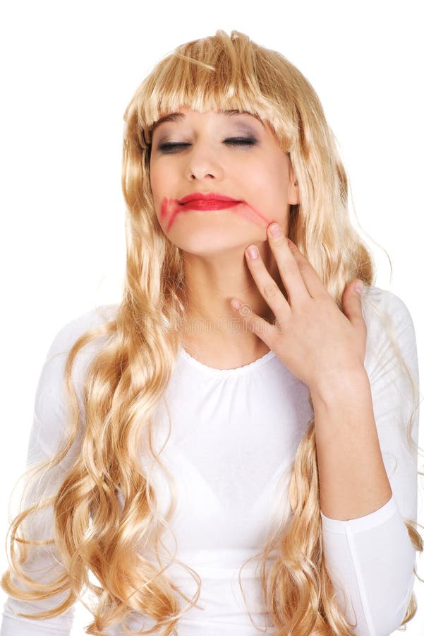 Sad Woman with Smeared Lipstick. Stock Photo - Image of lipstick, shoes ...