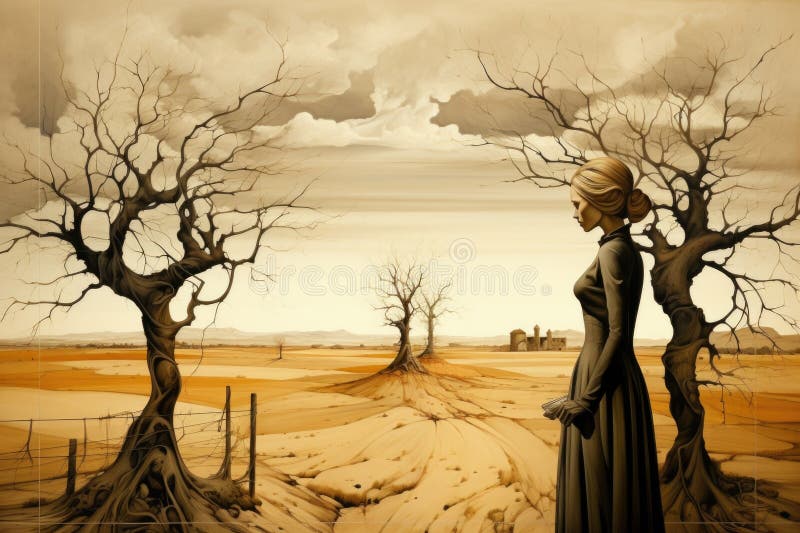 A Sad Woman Standing in the Middle of a Field with Bare Trees, AI Stock ...