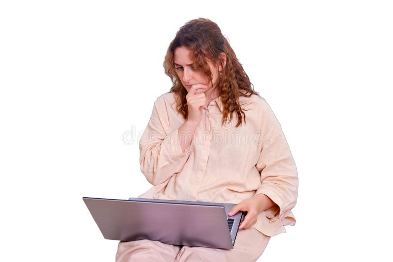 Sad Woman Student Reflected while Sitting on the Bed with a Computer ...