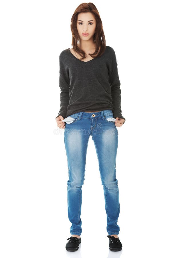 Sad Woman Taking Out Empty Pockets Stock Image - Image of pocket ...