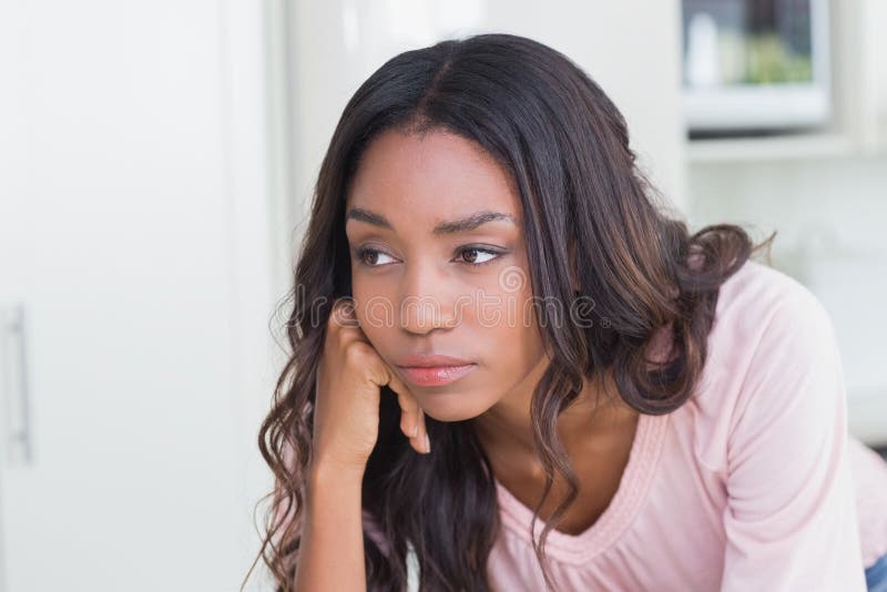 Sad Woman Thinking at the Counter Stock Photo - Image of female ...