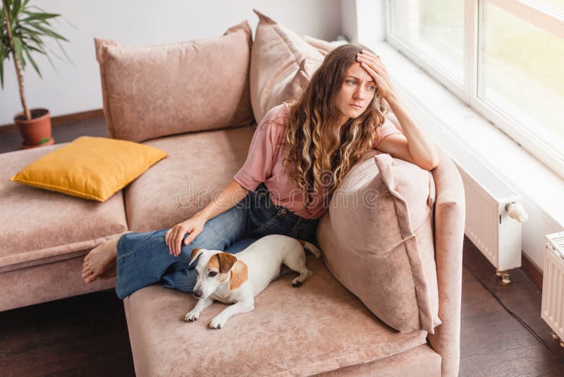 Sad Woman Thinking about Problem, Sitting Alone on Couch Stock Photo ...