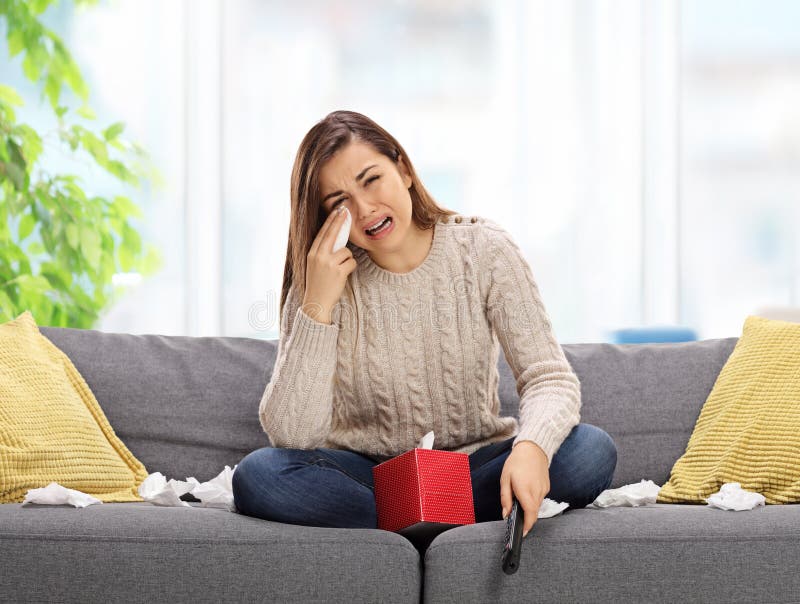 Sad Woman Watching Television and Crying Stock Image - Image of crying ...