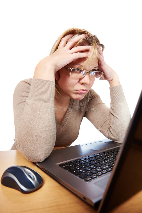 Sad Woman Working with Laptop Computer in Office Stock Photo - Image of ...