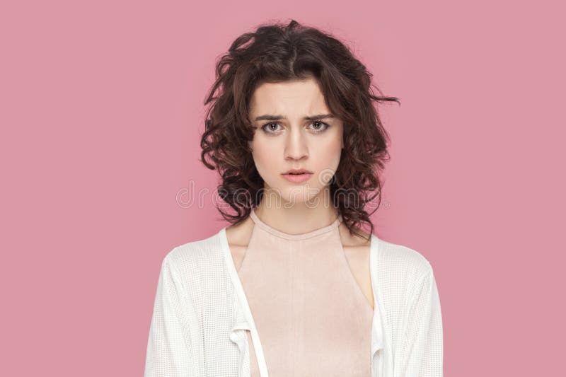 Sad Worried Woman with Curly Hair Having Problems, Looking at Camera ...