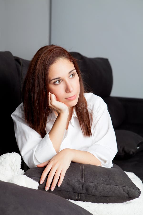 Sad Young Girl Relaxing at Home Stock Photo - Image of depression ...