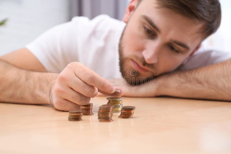 Sad Young Man Counting Money at Home Stock Image - Image of depression ...