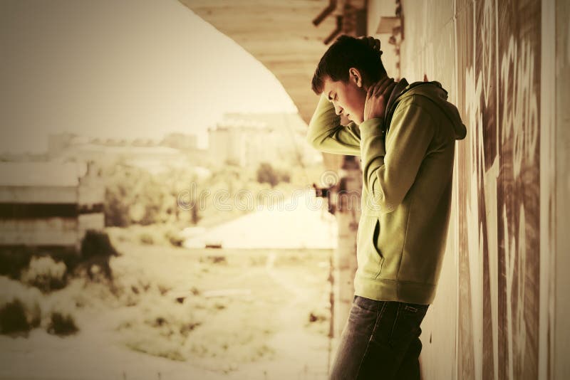 Sad Young Man in Depression Standing on the Bridge Stock Photo - Image ...