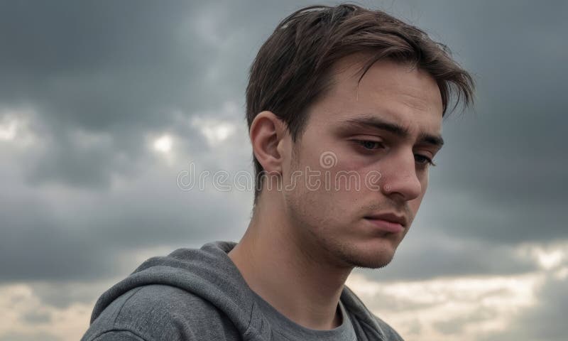Sad Young Man Looking Down with Dramatic Sky in Background Stock ...