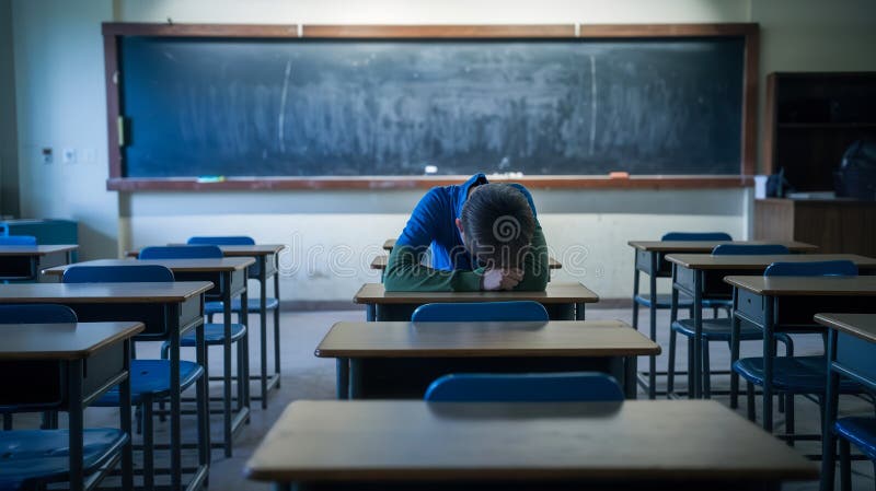 Sad Young Student on Desk in Empty Classroom during Lesson Stock ...