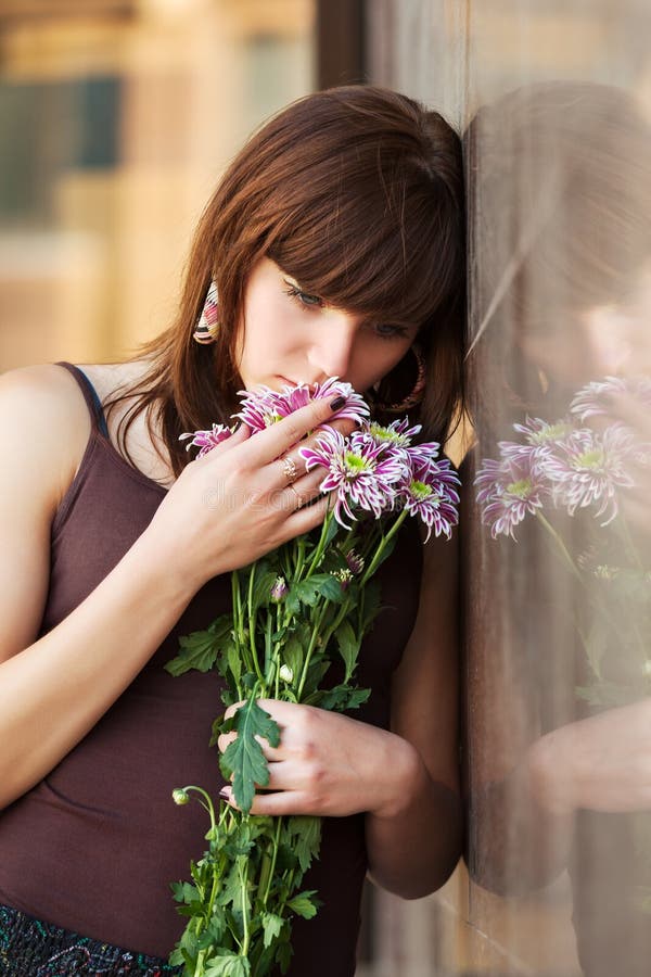 Sad Young Woman with a Flowers Stock Image - Image of depression ...