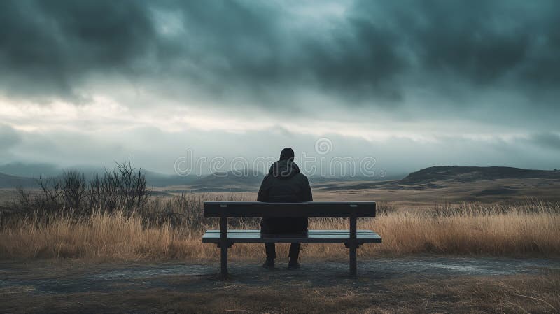 Sadness and Grief, a Figure Sitting on a Bench Looking at a Desolate ...