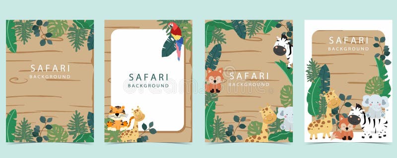 Safari Banner with Giraffe,elephant,zebra,fox and Leaf Frame.vector ...