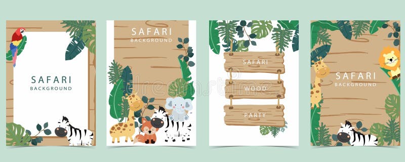 Safari Banner with Giraffe,elephant,zebra,fox and Leaf Frame.vector ...