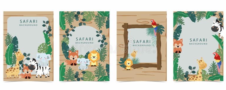 Safari Banner with Giraffe,elephant,zebra,fox and Leaf Frame.vector ...