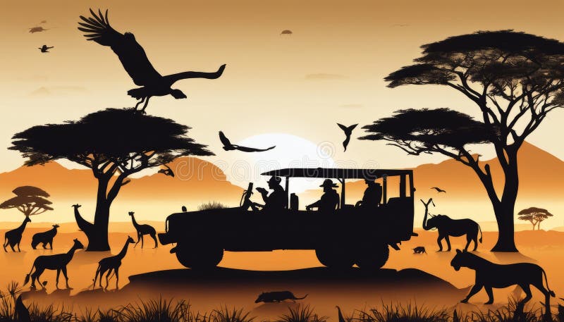 A Safari Scene with a Truck and Animals Stock Illustration ...