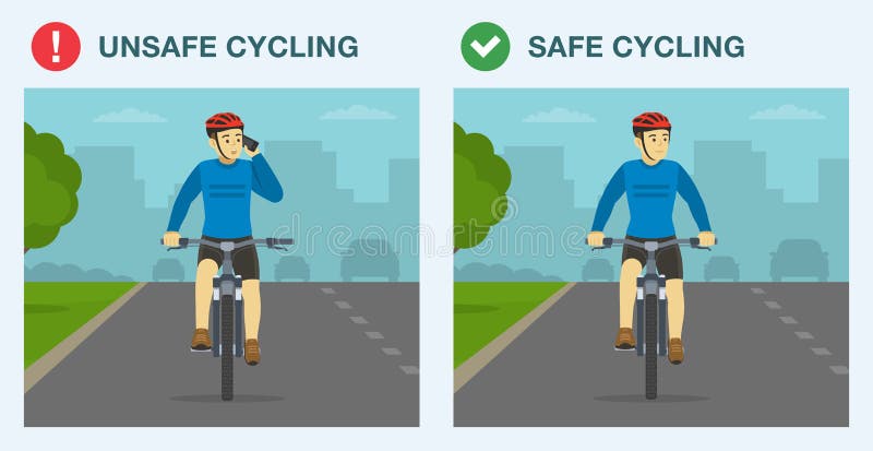 Unsafe and Safe Bicycle Riding on Road. Front View of a Cyclist Calling ...