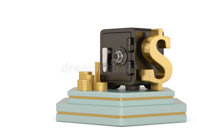 Safe Box and Gold Coin Stacks on Stand. Safe Security Concept. 3D ...