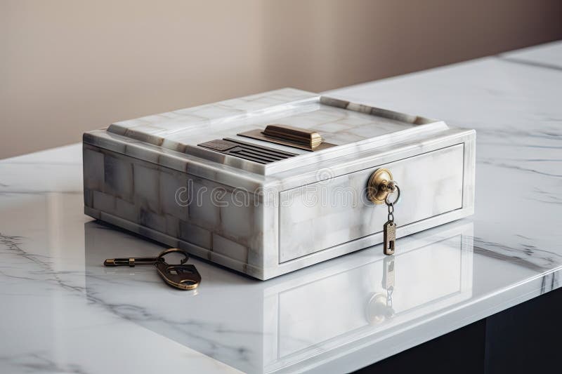 Safe Deposit Box, with Key and Combination Visible, Sitting on Marble ...