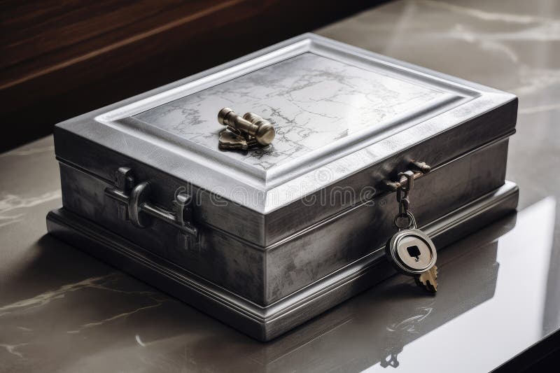 Safe Deposit Box, with Key and Combination Visible, Sitting on Marble ...
