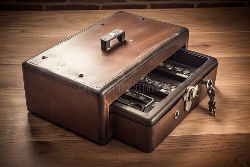 Safe Deposit Box, with Key and Combination Visible, on a Wooden Surface ...