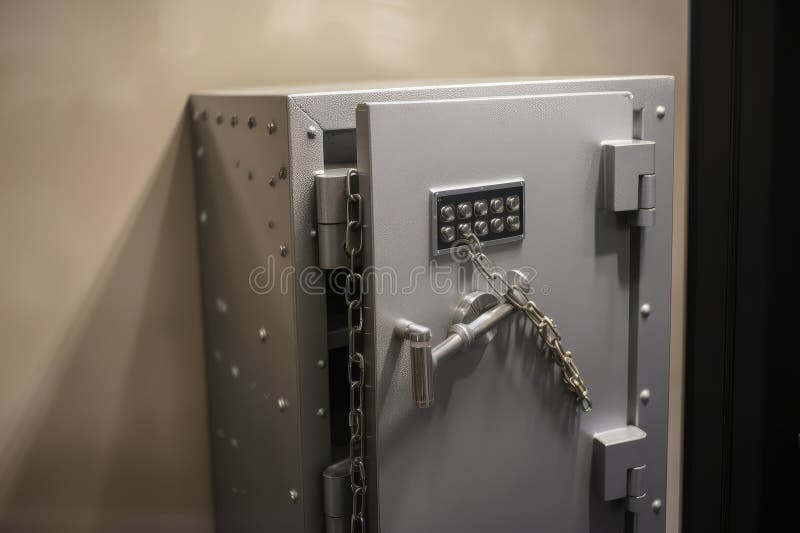 Safe Deposit Box, with Key in the Lock and Chain Wrapped Securely ...